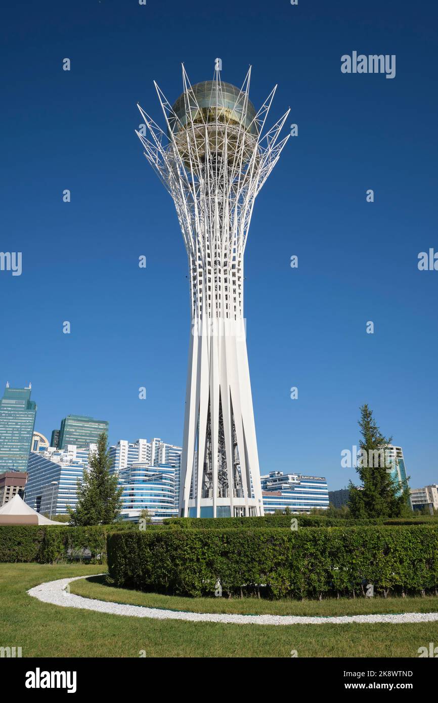 An exterior view of the iconic, white, metal, modern Baiterek ...