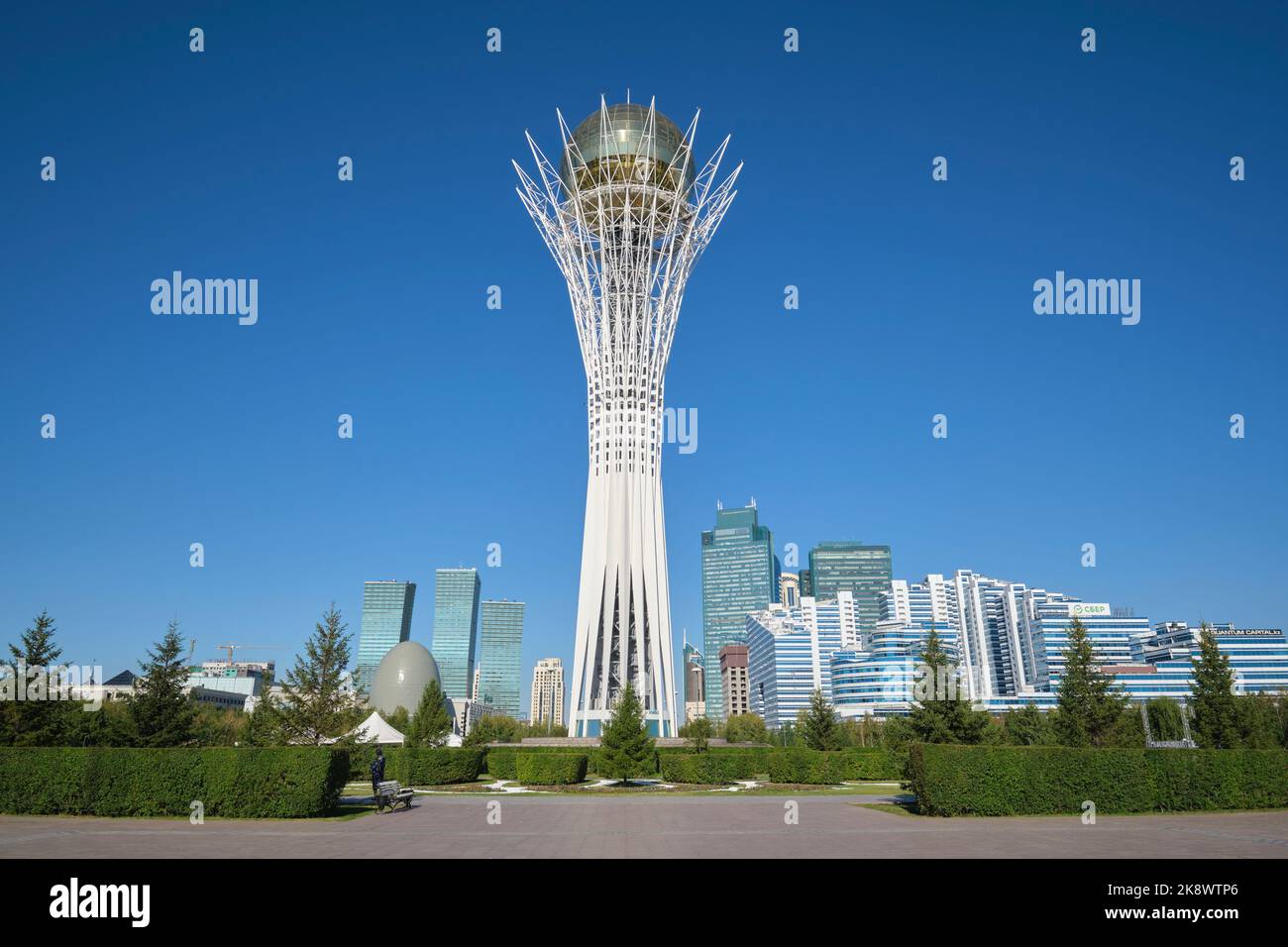 An exterior view of the iconic, white, metal, modern Baiterek ...