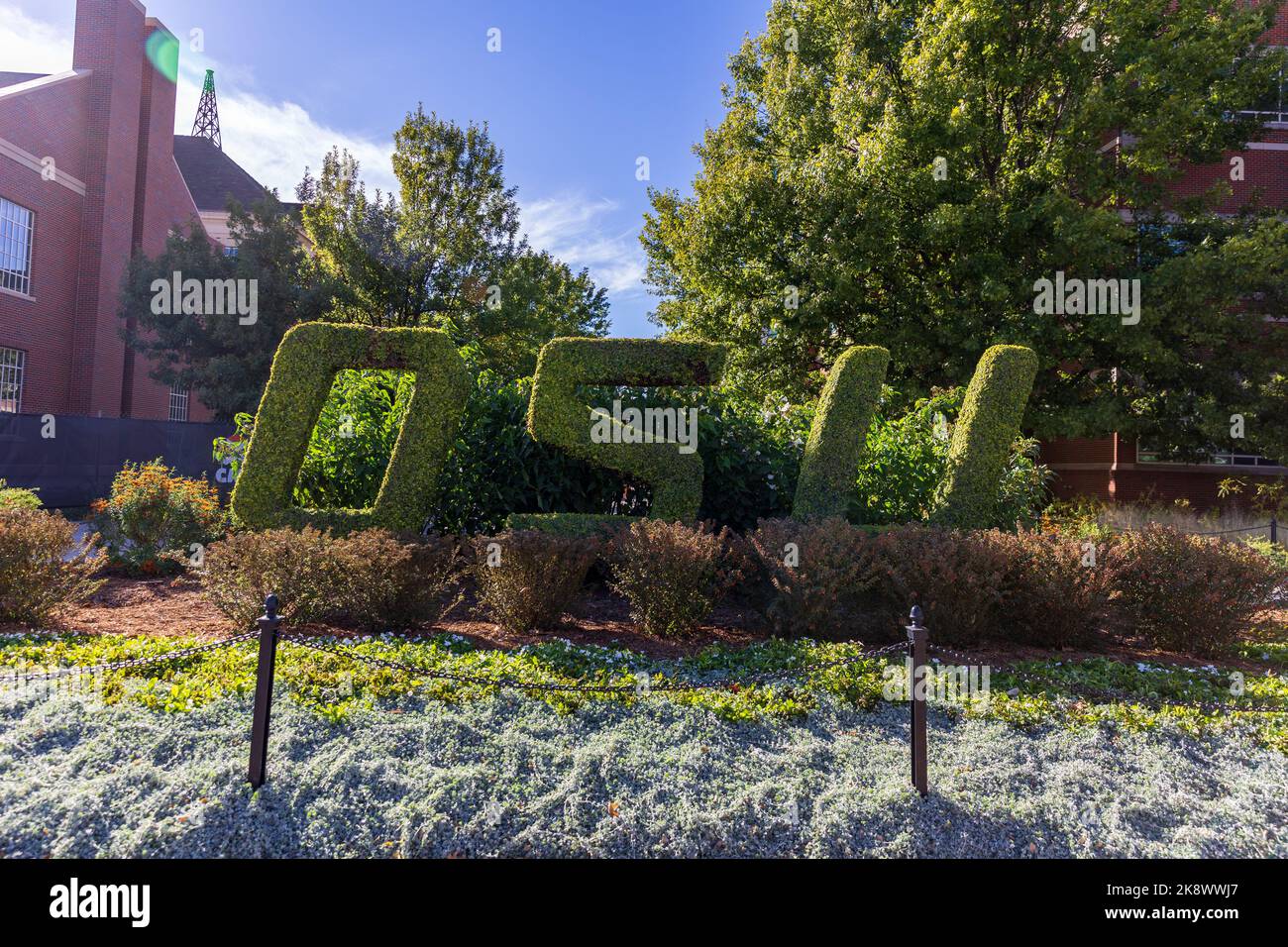 Stillwater, OK - October 21, 2022: OSU Lettering in landscaped shrubs ...