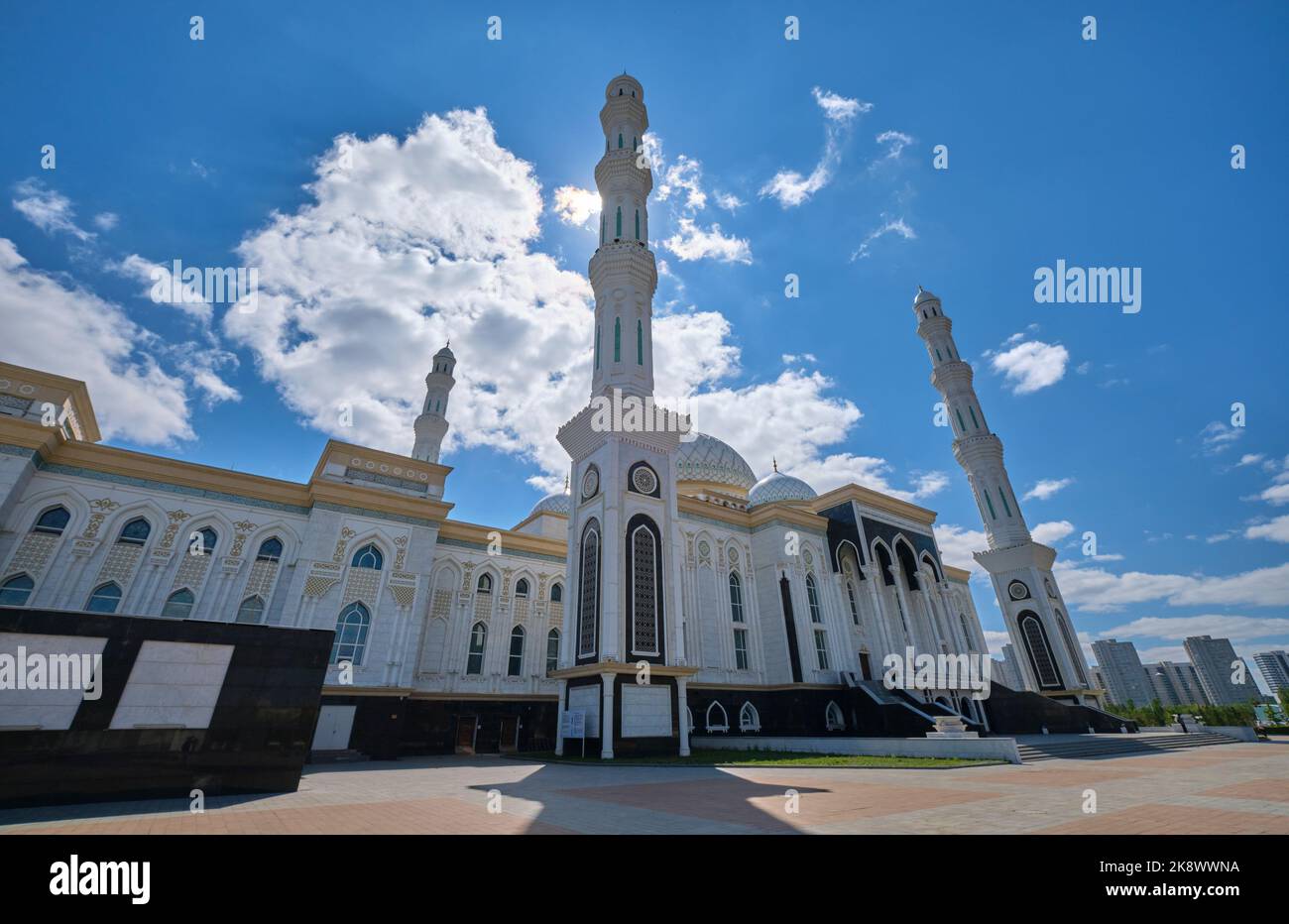 Exterior view of the huge mosque, richly decorated in marble. At the giant, large, landmark ...