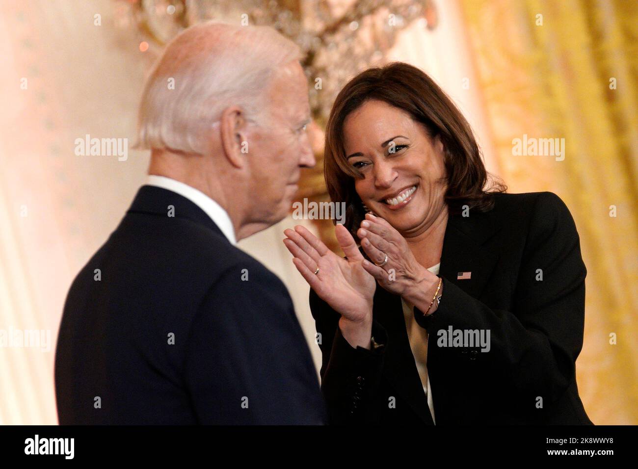 United States Vice President Kamala Harris applauds US President Joe ...