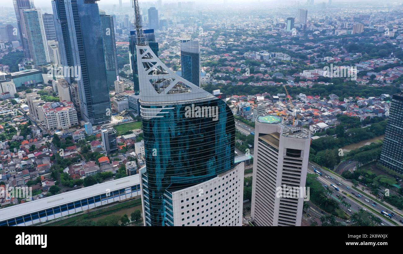 Aerial view of blue glass modern high rise building in business ...