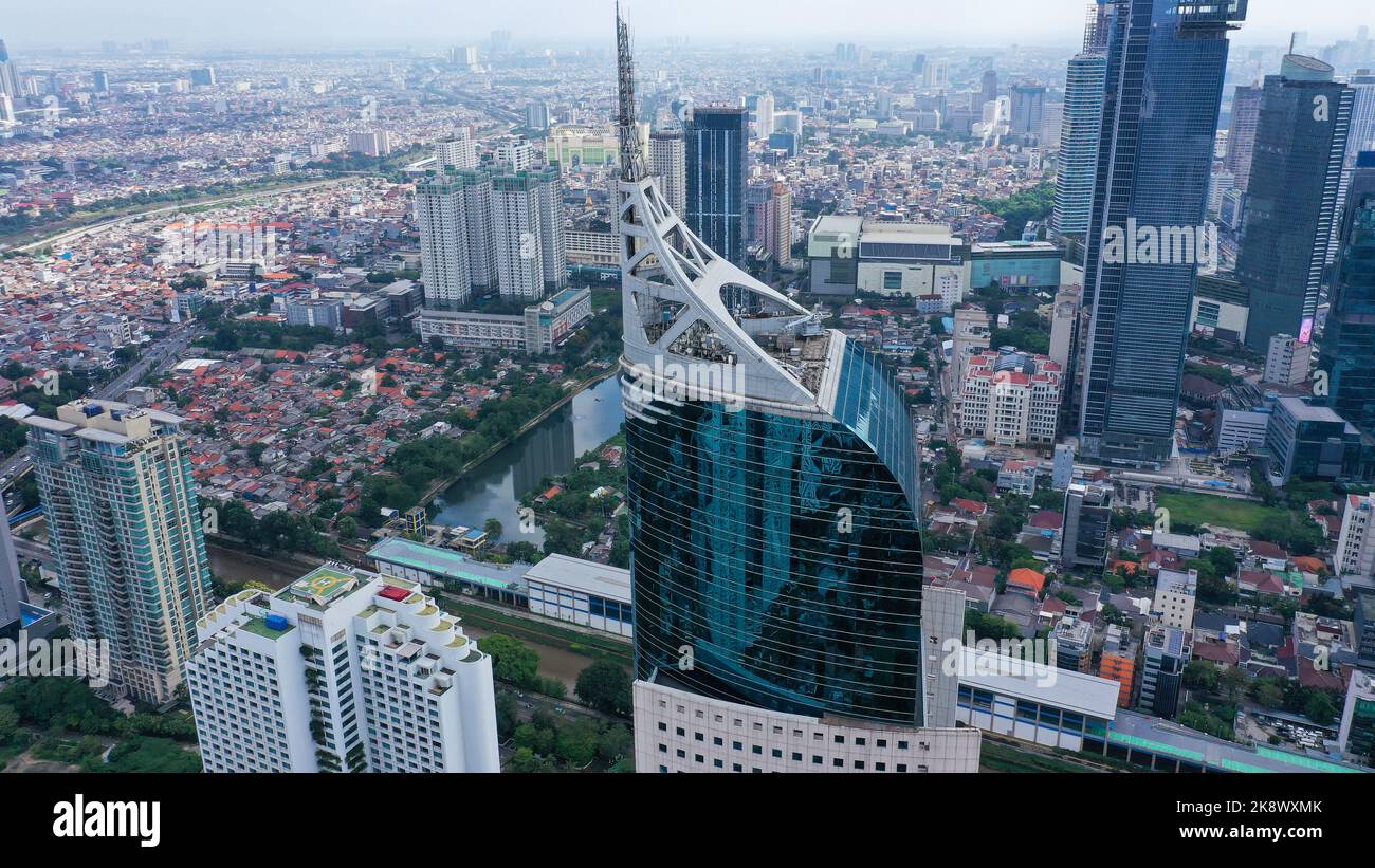 Aerial view of blue glass modern high rise building in business ...