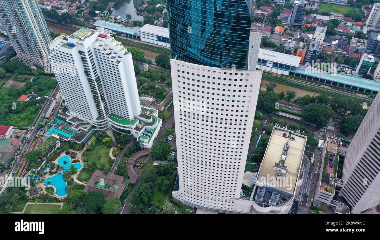 Aerial view of blue glass modern high rise building in business ...