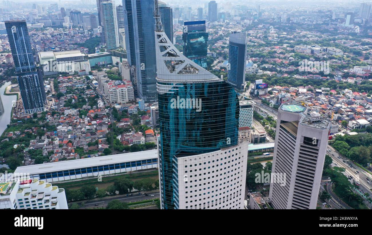 Aerial view of blue glass modern high rise building in business ...