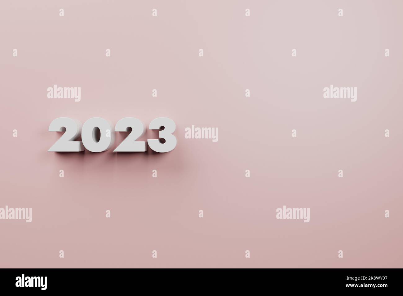 Extruded white numbers 2023 new year on pink wall background 3d render ...