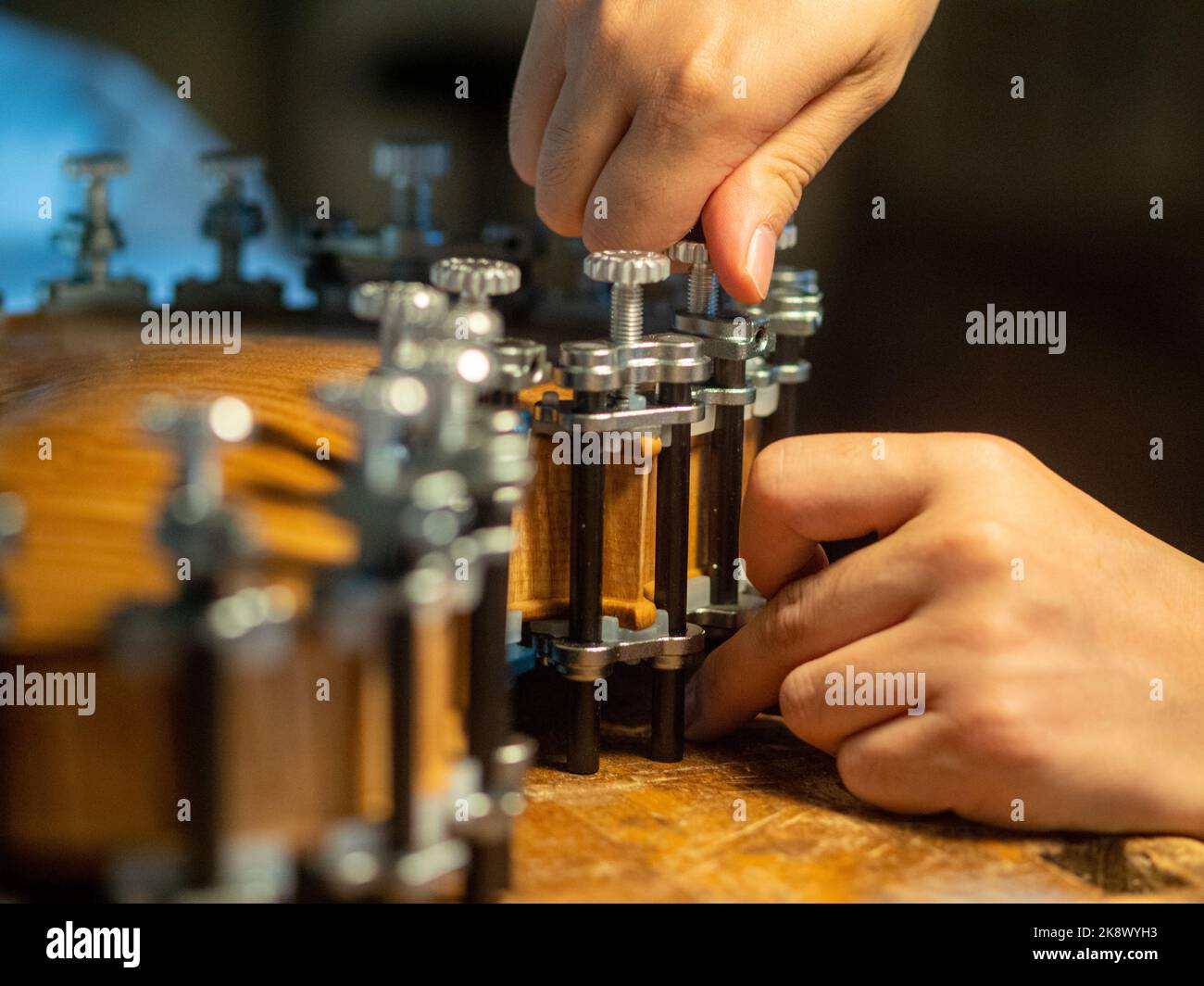 luthier fitting the back to the instrument ribs Stock Photo - Alamy
