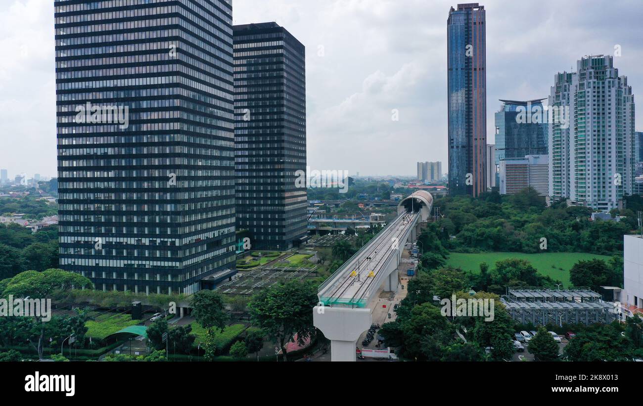 Beautiful Jakarta cityscape with new LRT elevated track at morning time ...