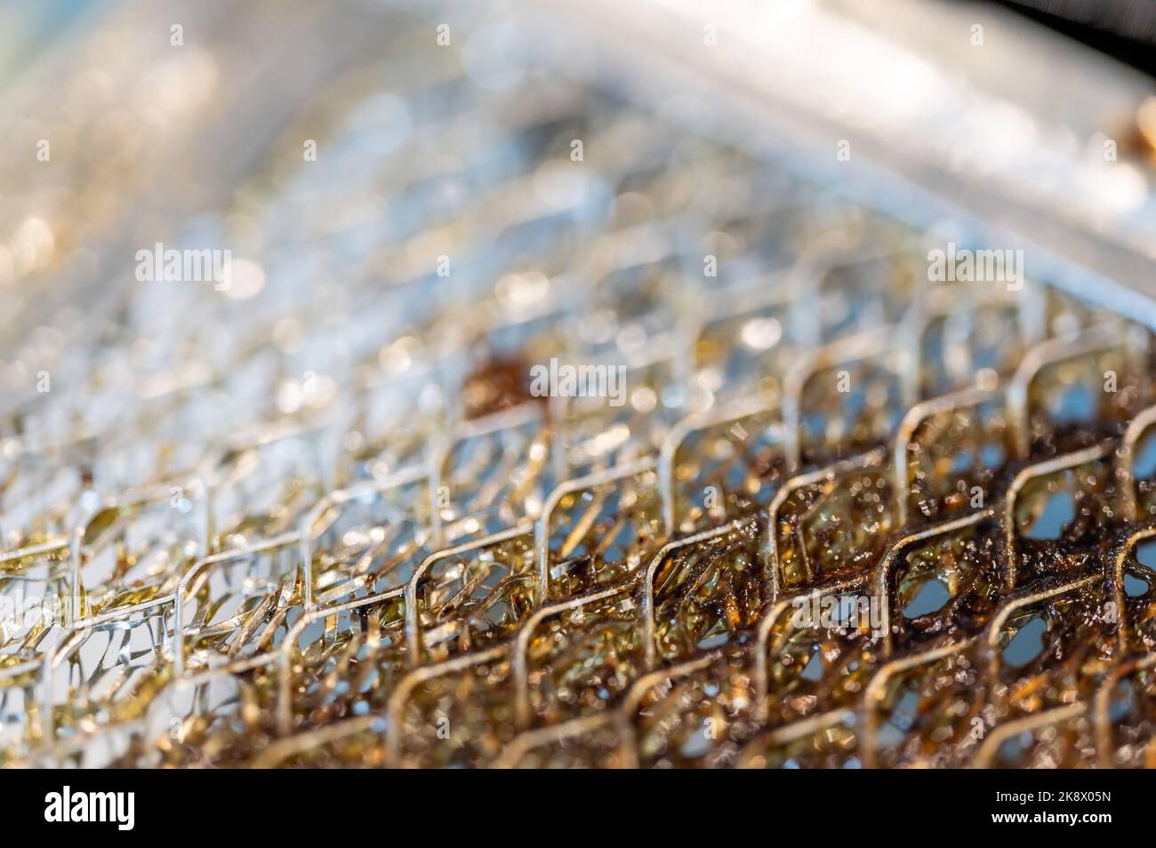 Selective focus macro of a dirty kitchen range hood filter clogged with ...