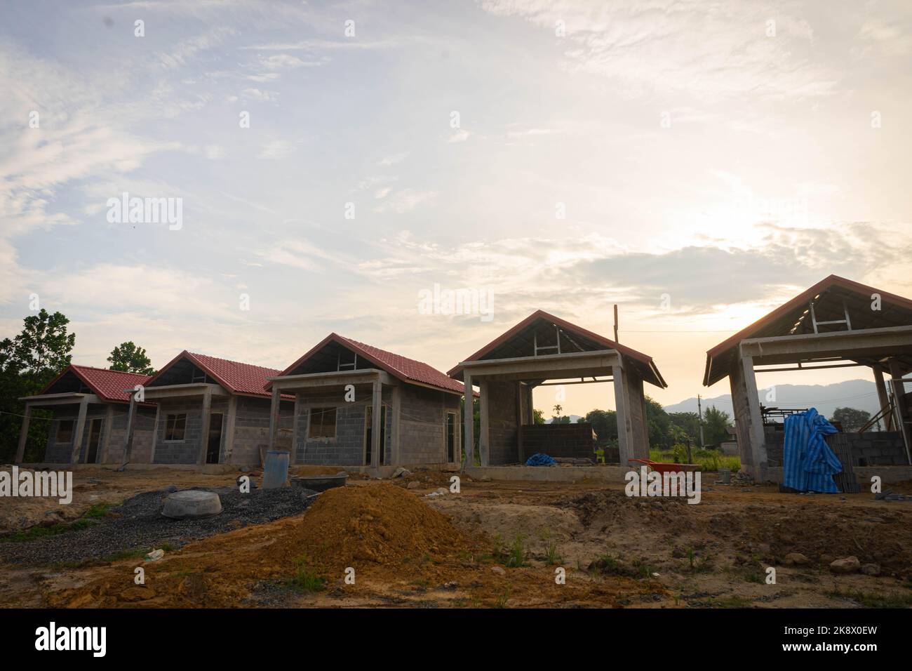 Construction site home building working on progress. Morning time Stock ...