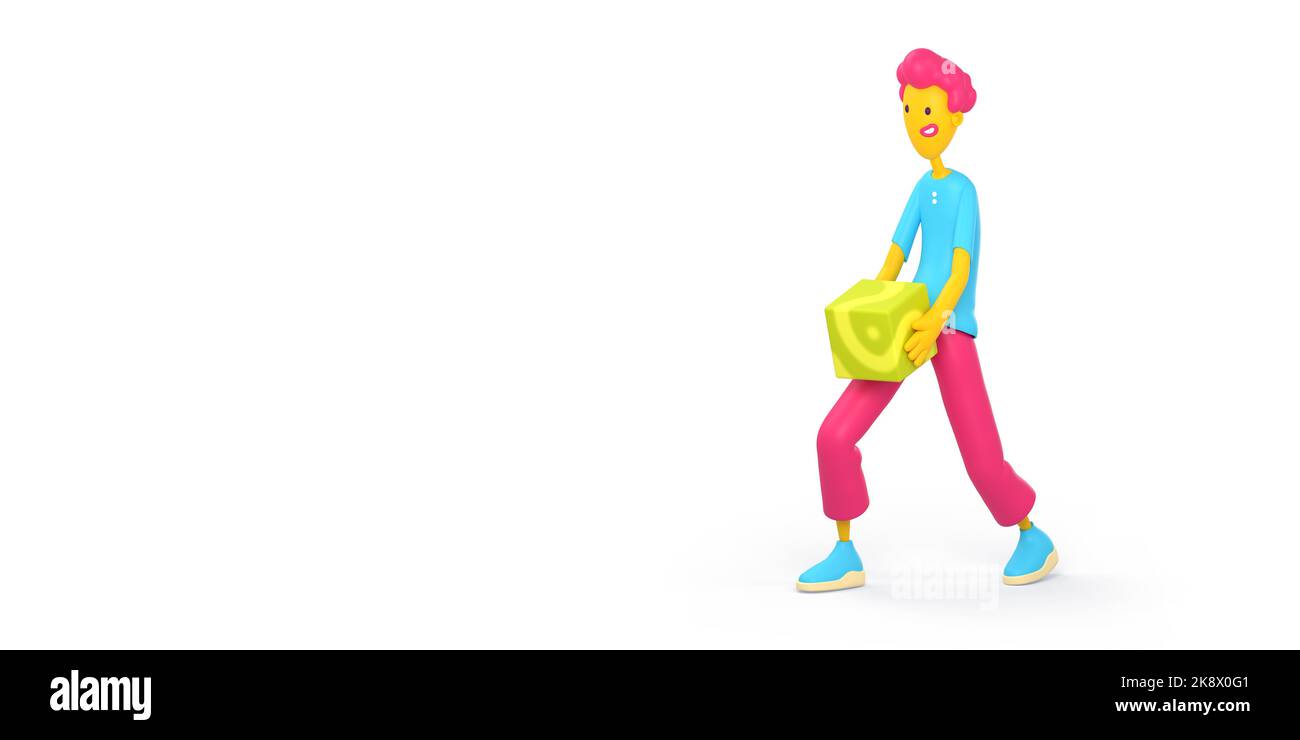 Young man character carry green cube. Poster template of business ...