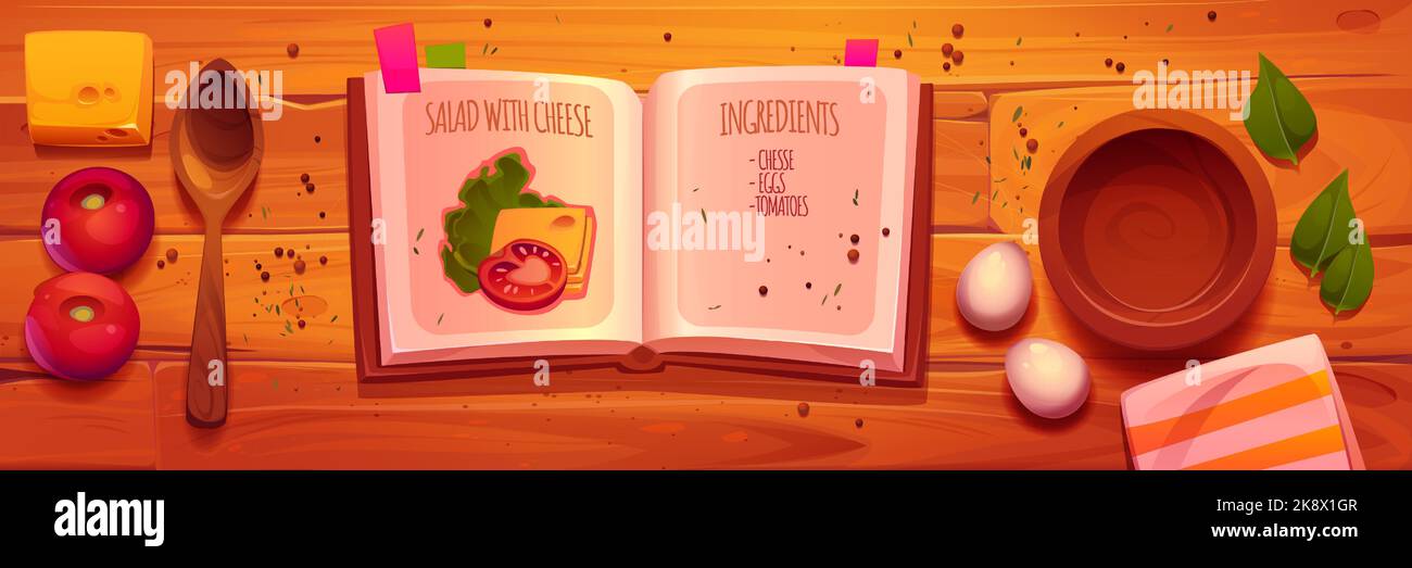 Kitchen table with open recipe book, ingredients and utensils top view ...
