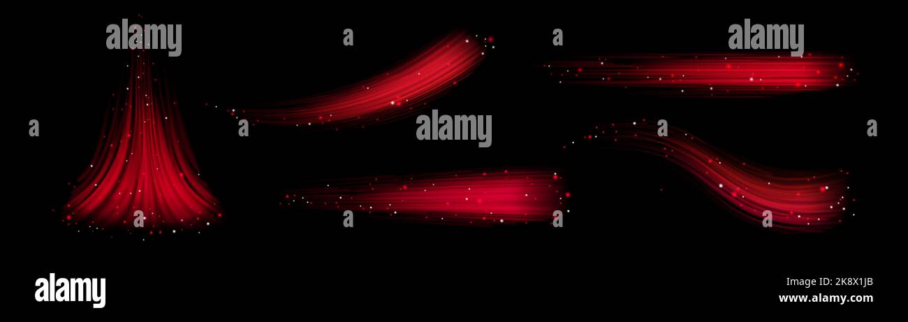 Set of red sparkling flows isolated on black background. Realistic ...