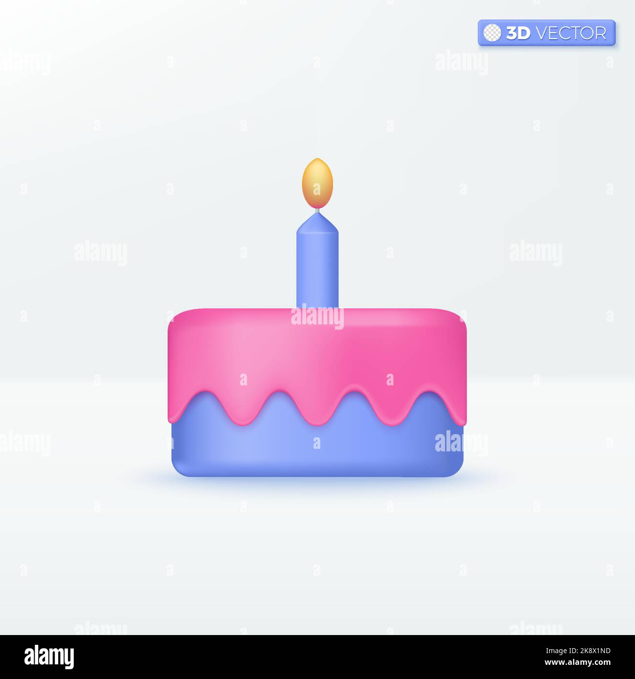 Childish birthday pink glaze icing cake and candle icon symbols. celebration concept. 3D vector ...