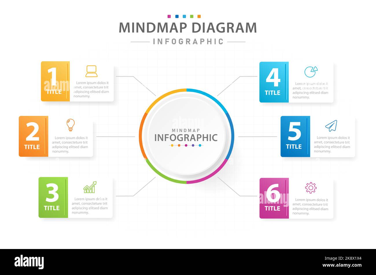 Infographic template for business. 6 Steps Modern Mindmap diagram with circles and topic titles ...