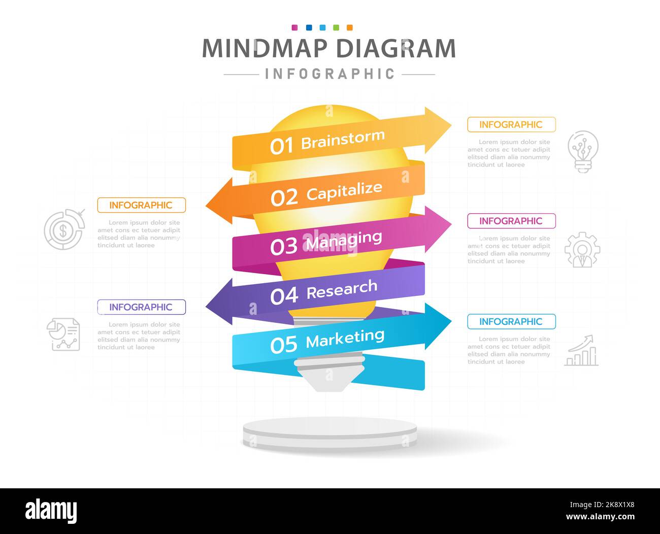 Infographic template for business. 5 Steps Modern Mindmap diagram with topics and light bulb ...