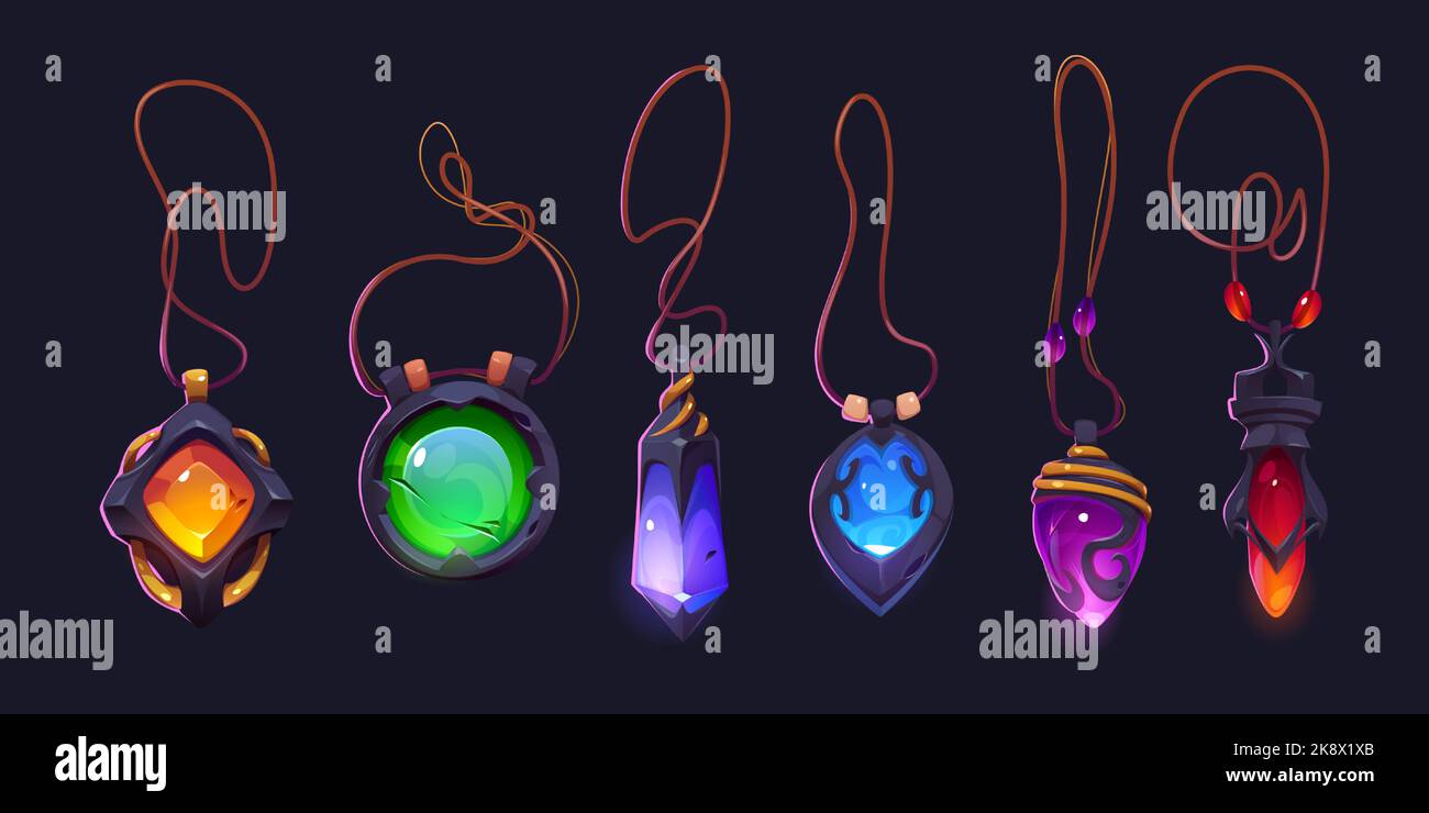 Magic amulets with crystals, diamond and precious stones in metal frame ...