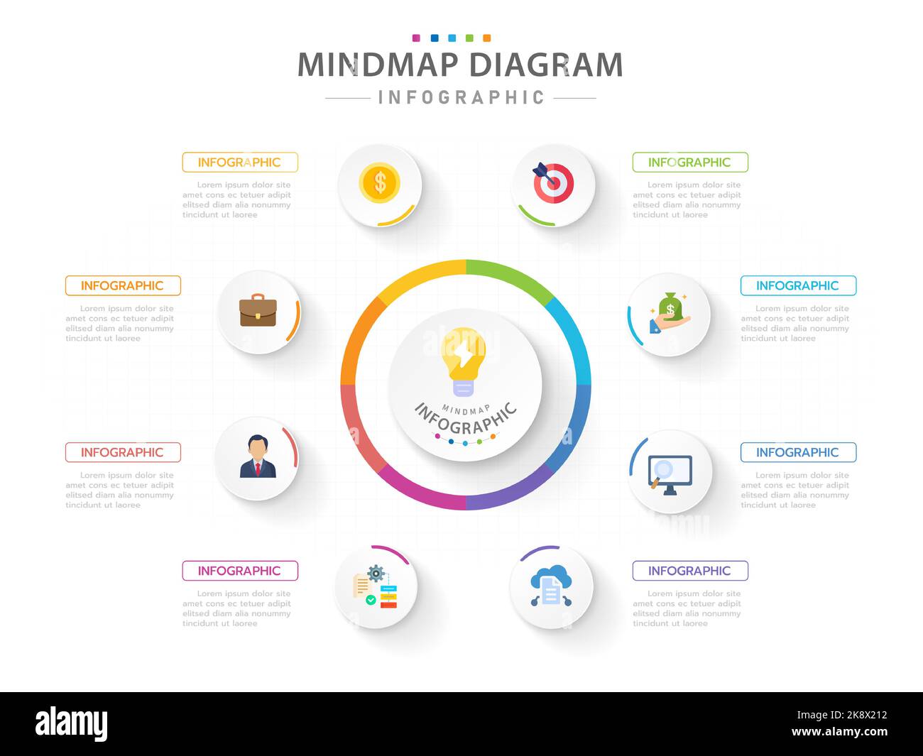 Infographic template for business. 8 Steps Modern Mindmap diagram with circles and topic titles ...