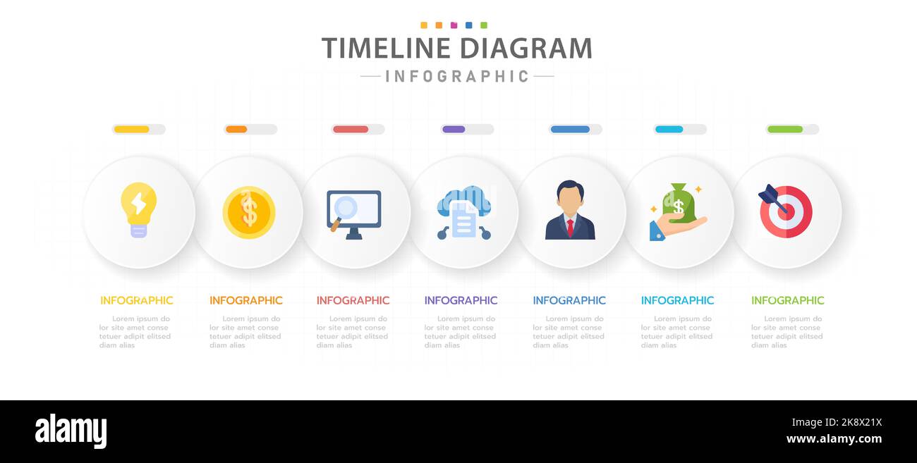 Infographic template for business. 7 Steps Modern Timeline diagram with circle topic and ...