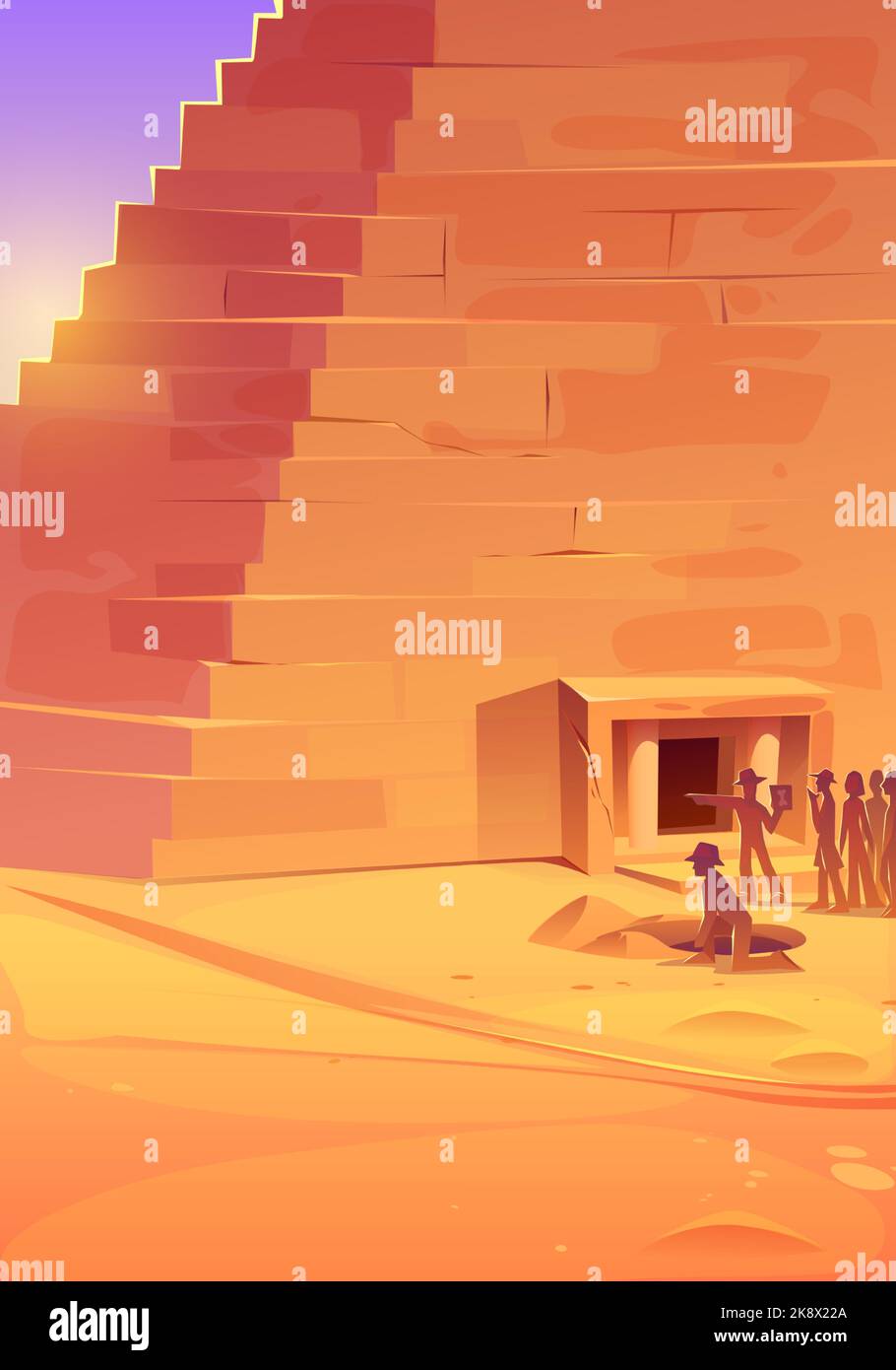 Egypt pyramid in desert and people group silhouettes at doorway ...