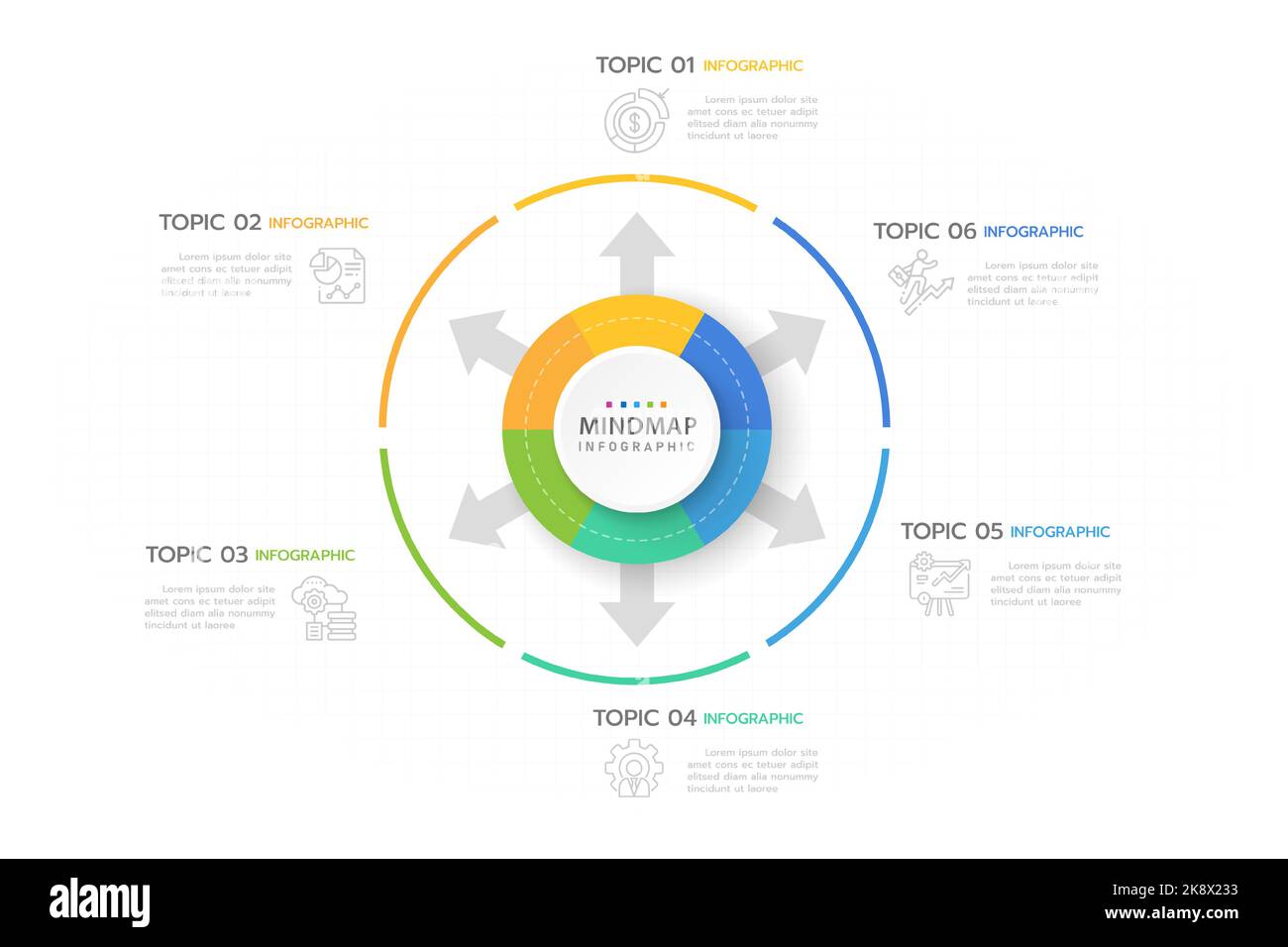 Infographic template for business. 6 Steps Modern Mindmap diagram with circles and arrows ...