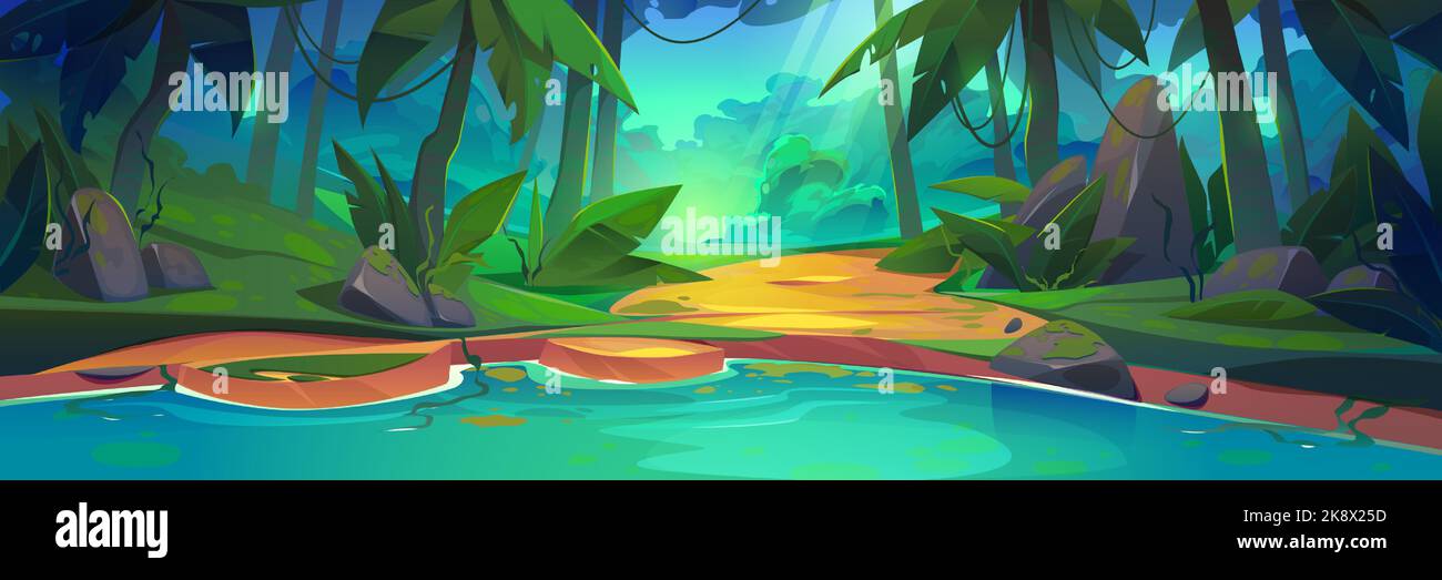 Tropical jungle forest swamp or lake cartoon natural landscape. Game ...