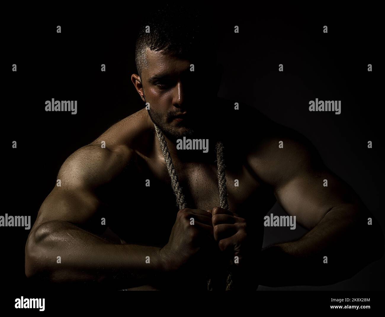 Brutal angry gang man lifestyle, serious handsome guy. Strong muscular ...