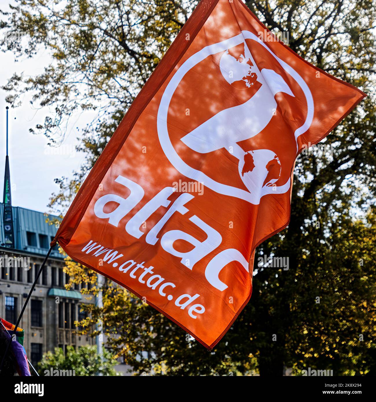 Hannover, Germany, October 22, 2022: Waving flag of the NGO attac ...