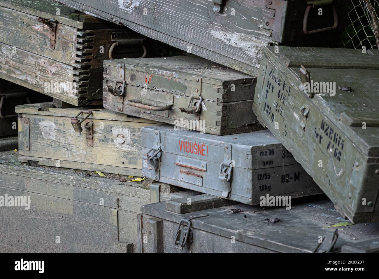 A stack of old wooden military green boxes with ammunition Stock Photo ...
