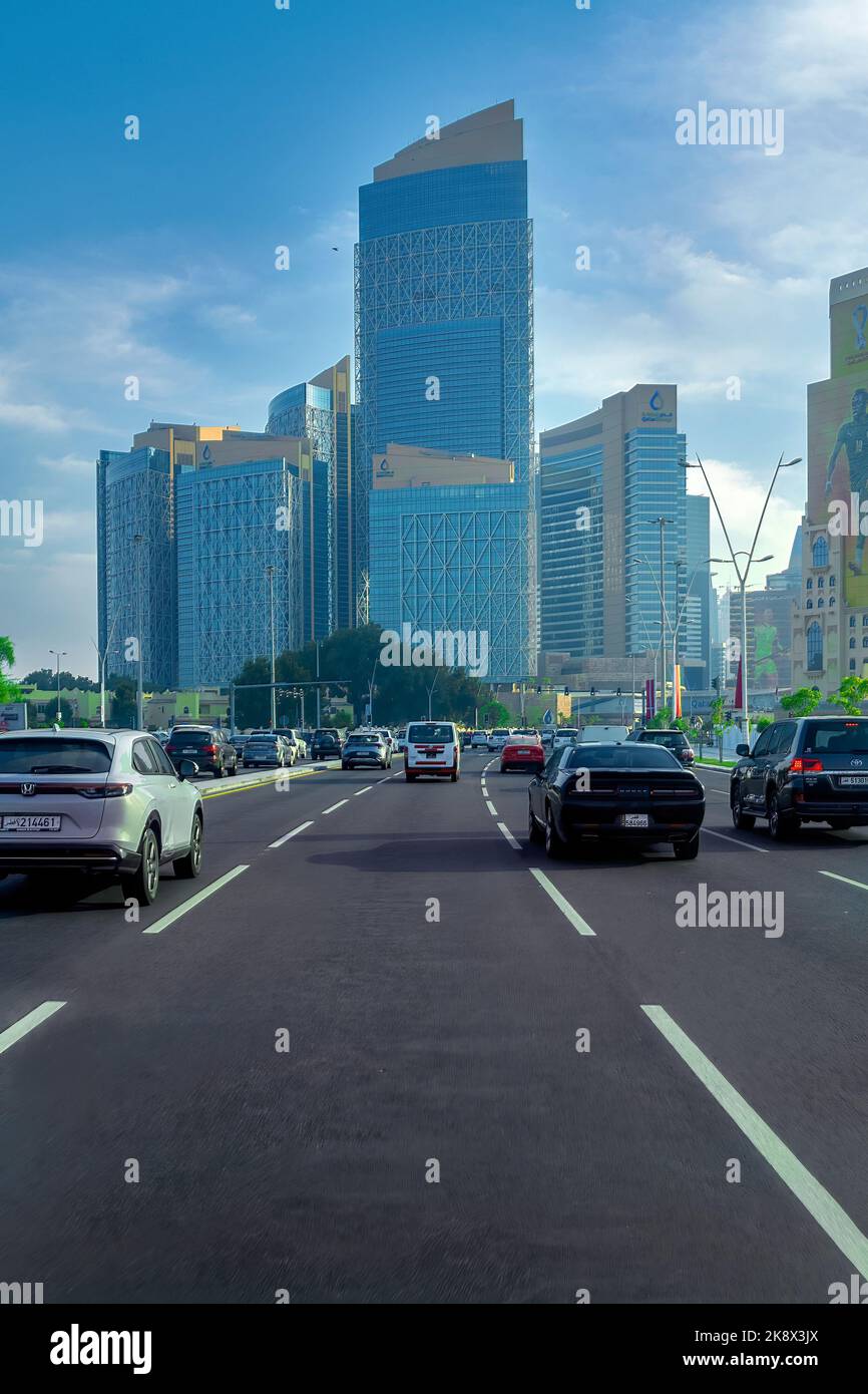 Lusail Corniche Road. Traffic lane and Sign Boards Stock Photo - Alamy
