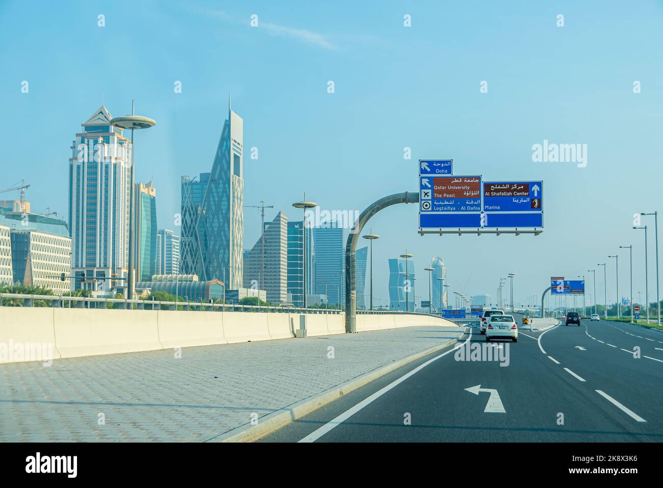 Lusail Corniche Road. Traffic lane and Sign Boards Stock Photo - Alamy