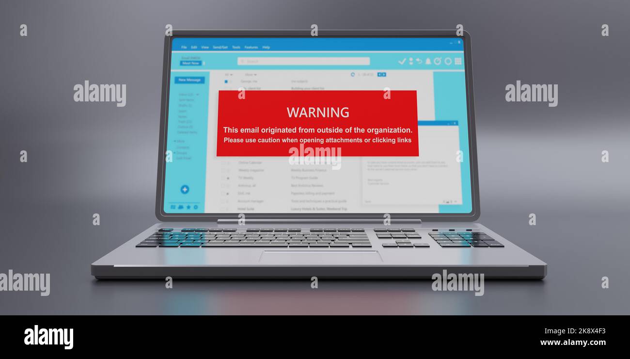 Email warning message on a laptop screen. Caution with opening ...