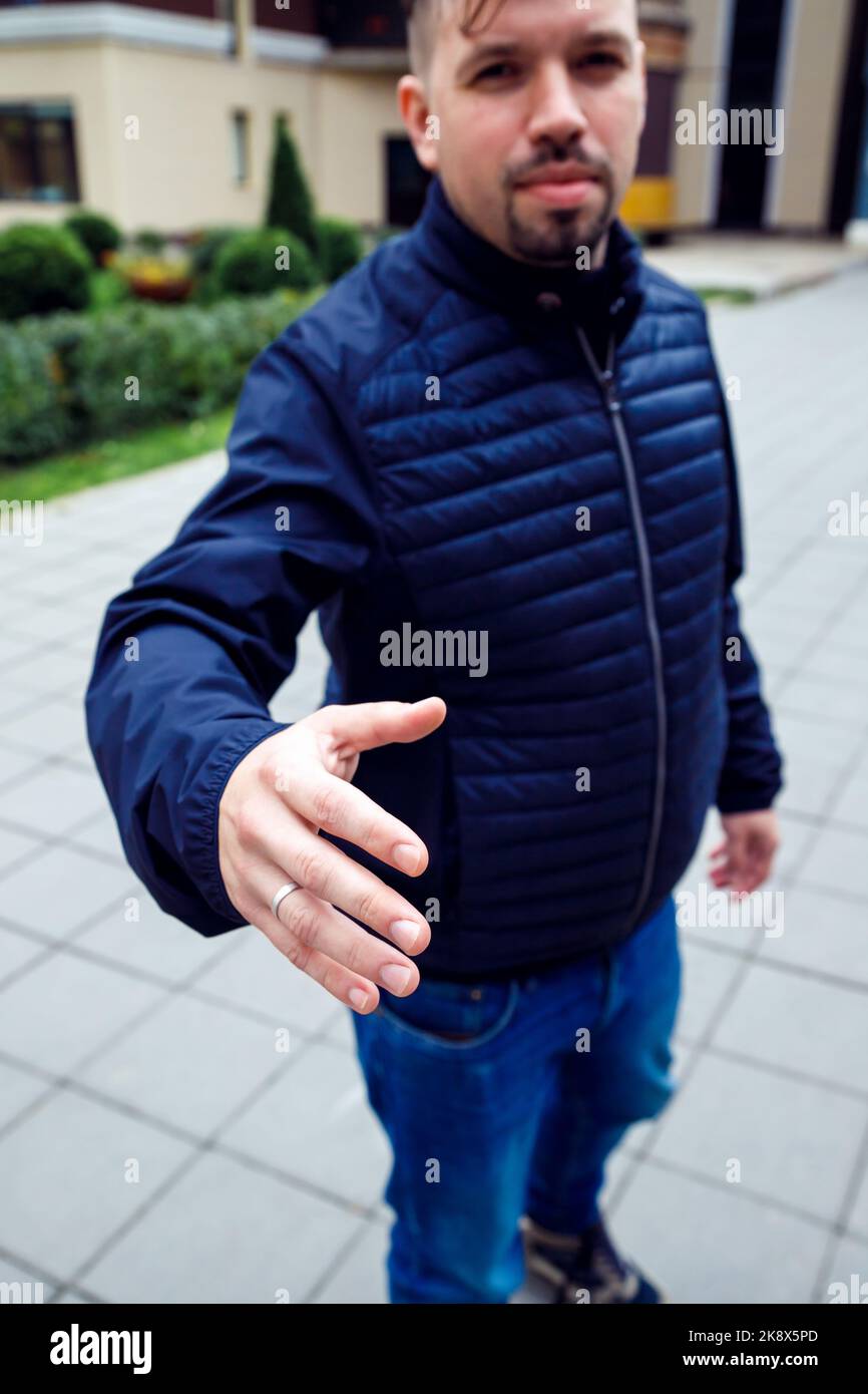 Looking at camera young Caucasian businessman 34 years old man with ...