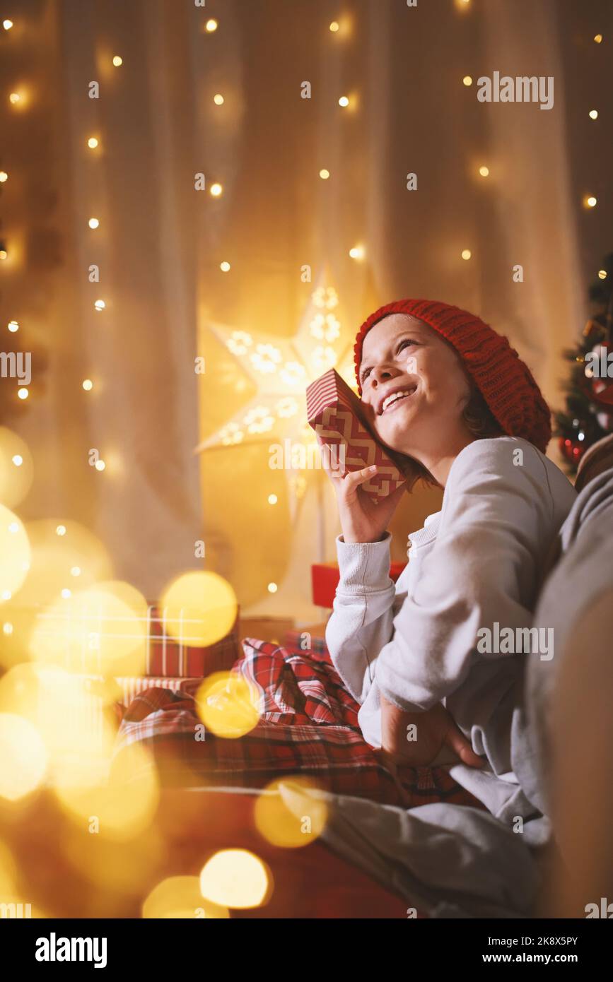 Boy opening Christmas gift New Year card adorable character Holiday ...