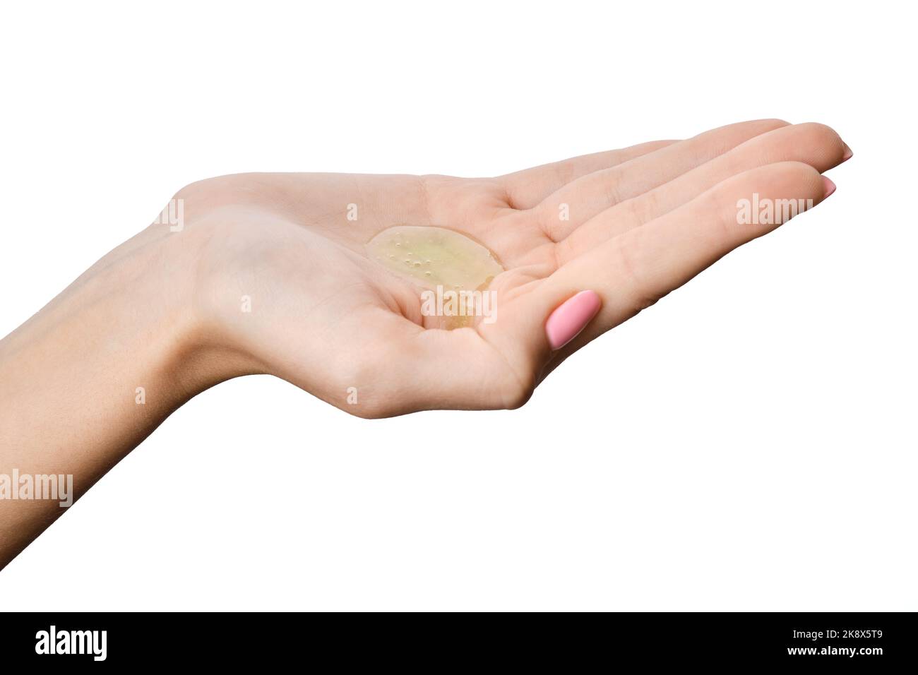 Moisturizing gel on the palm of female hand isolated on white ...