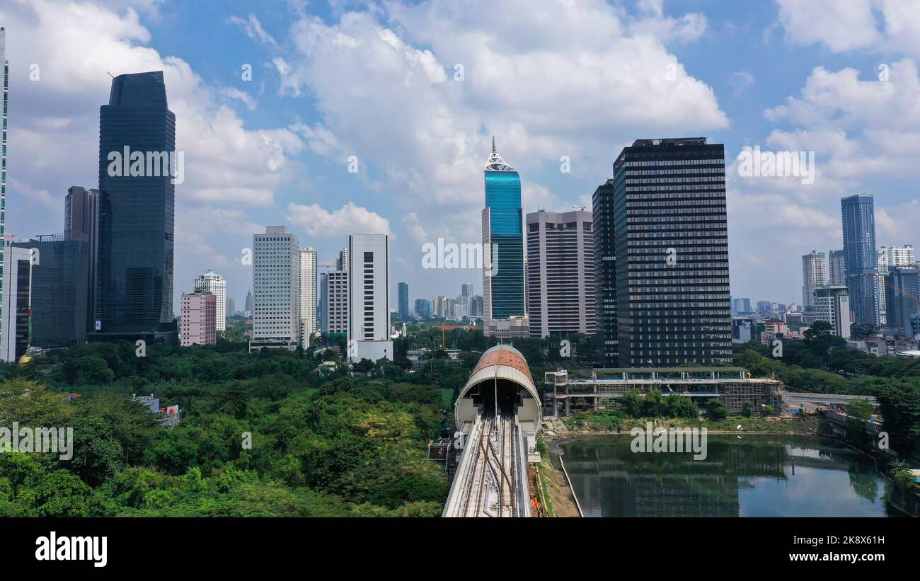 Beautiful Jakarta cityscape with new LRT elevated track at morning time ...