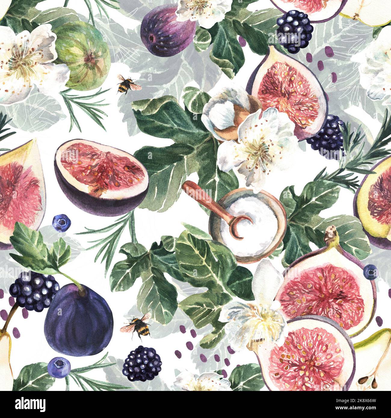 Seamless background. Floral branches, figs, berries on a white, purple ...
