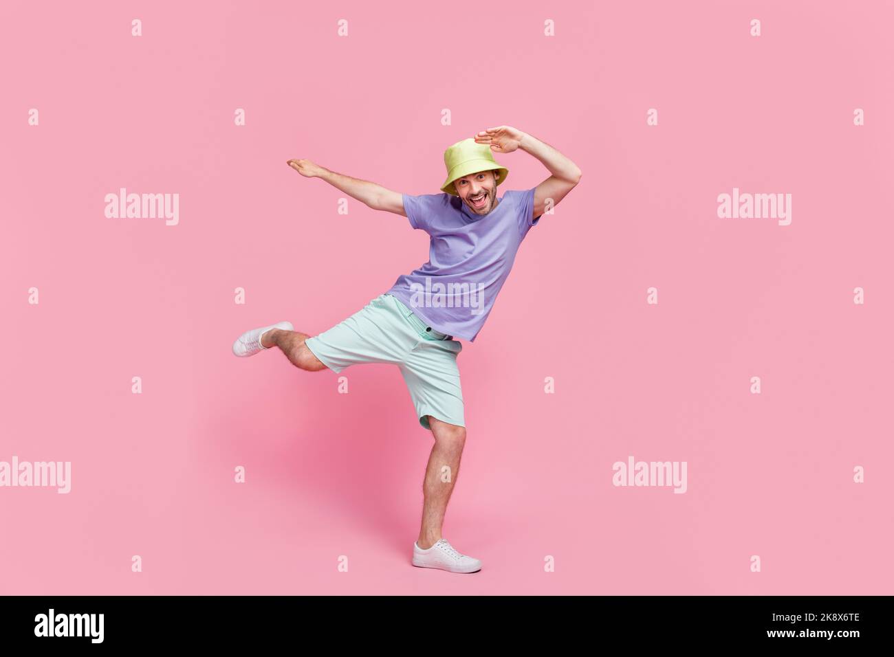 Full size photo of nice young cool man dancing beach pool party disco ...