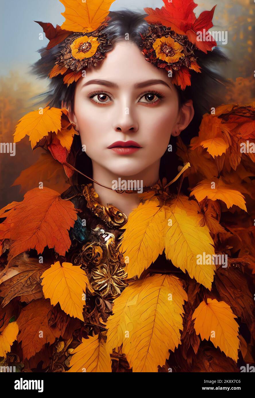 Illustration of autumn forest witch or fairy or nymph in autumn leaves ...