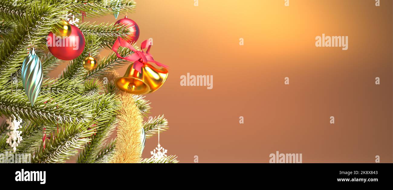 Close up christmas tree golden background with red and gold ornaments ...