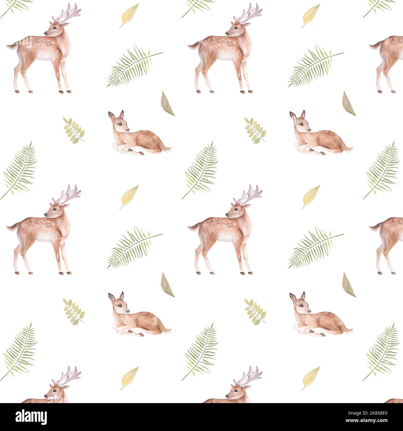 Watercolor seamless pattern with cartoon deer and fern leaves on a ...