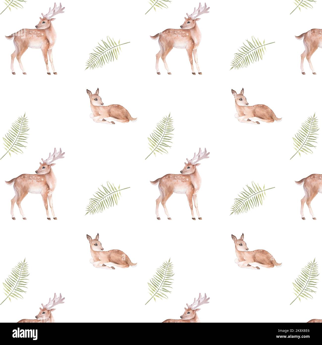 Watercolor seamless pattern with cartoon deer and fern leaves on a ...