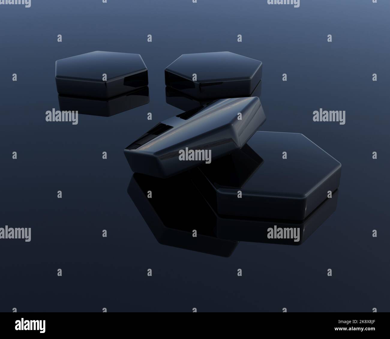 3D rendering - glass hexagonal prisms laid out on a black glass ...