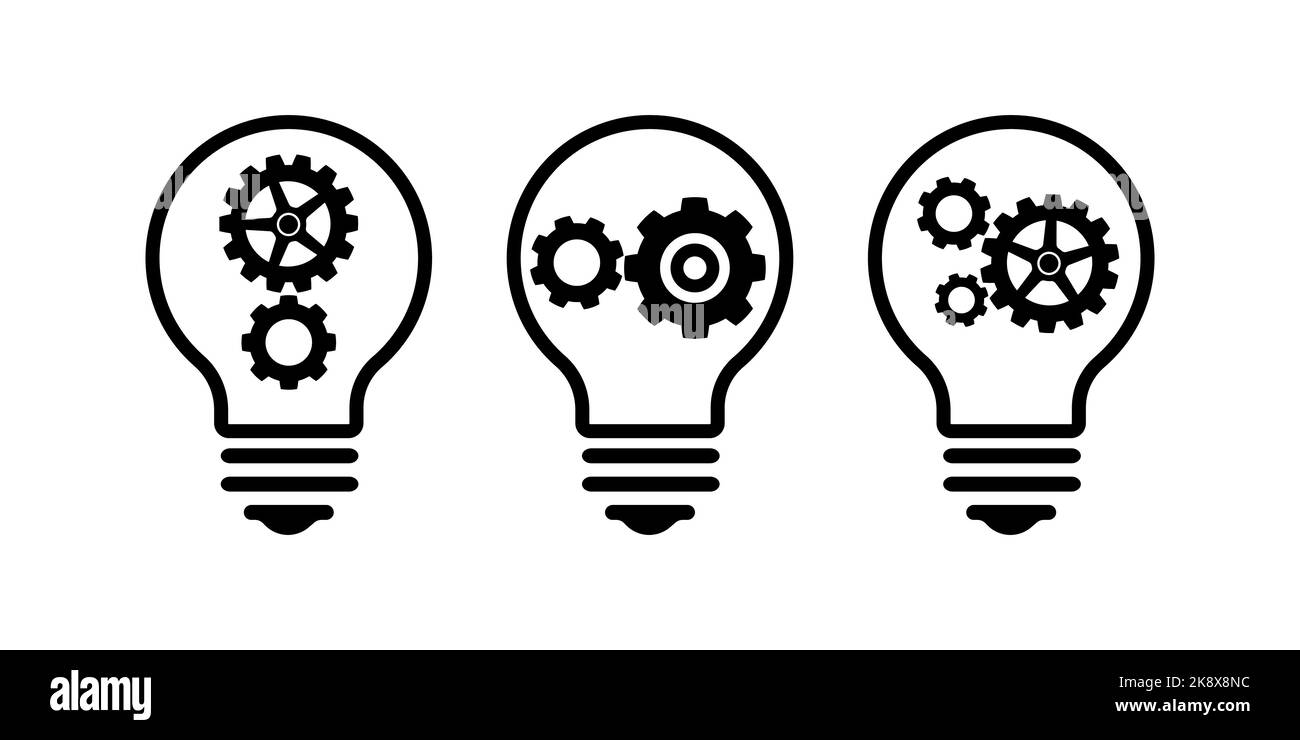 Black bulb and gear like effective solution icon. concept of abstract tech done efficacy symbol ...