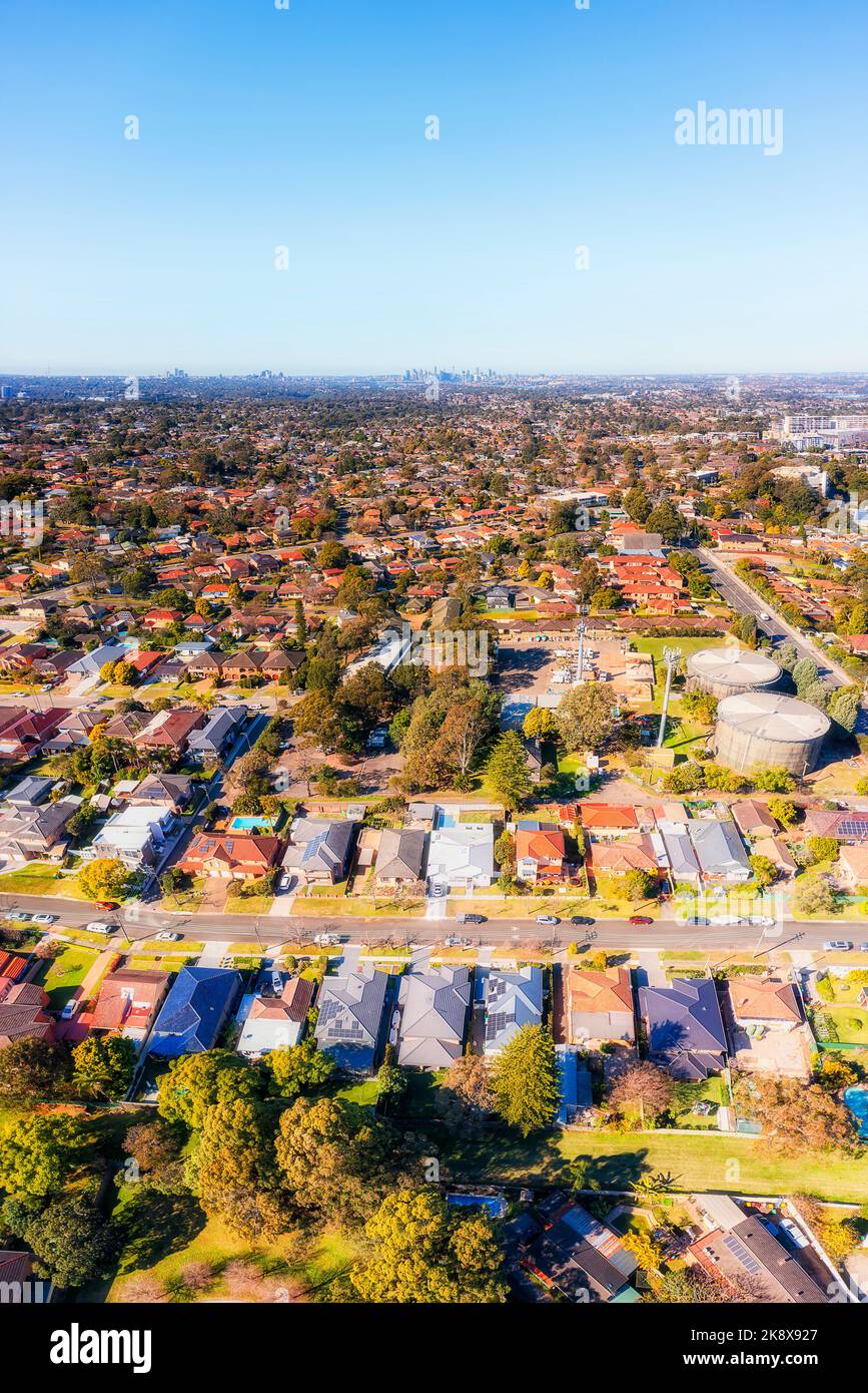 Vertical aerial panorama over City of Ryde residential suburbs in ...