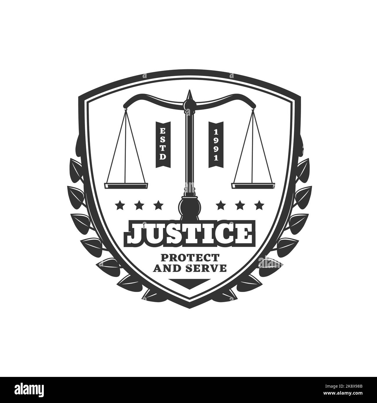 Justice vector icon, scales or balance of justice on heraldic shield in ...
