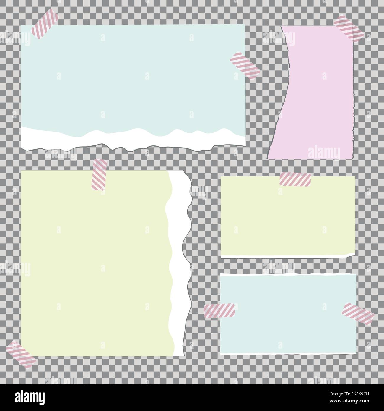 Set of torn note, notebook grainy paper strips stuck on grey background ...