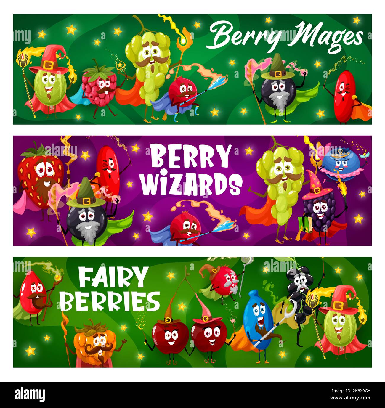 Cartoon berry wizard, mage, warlock and fairy funny characters ...