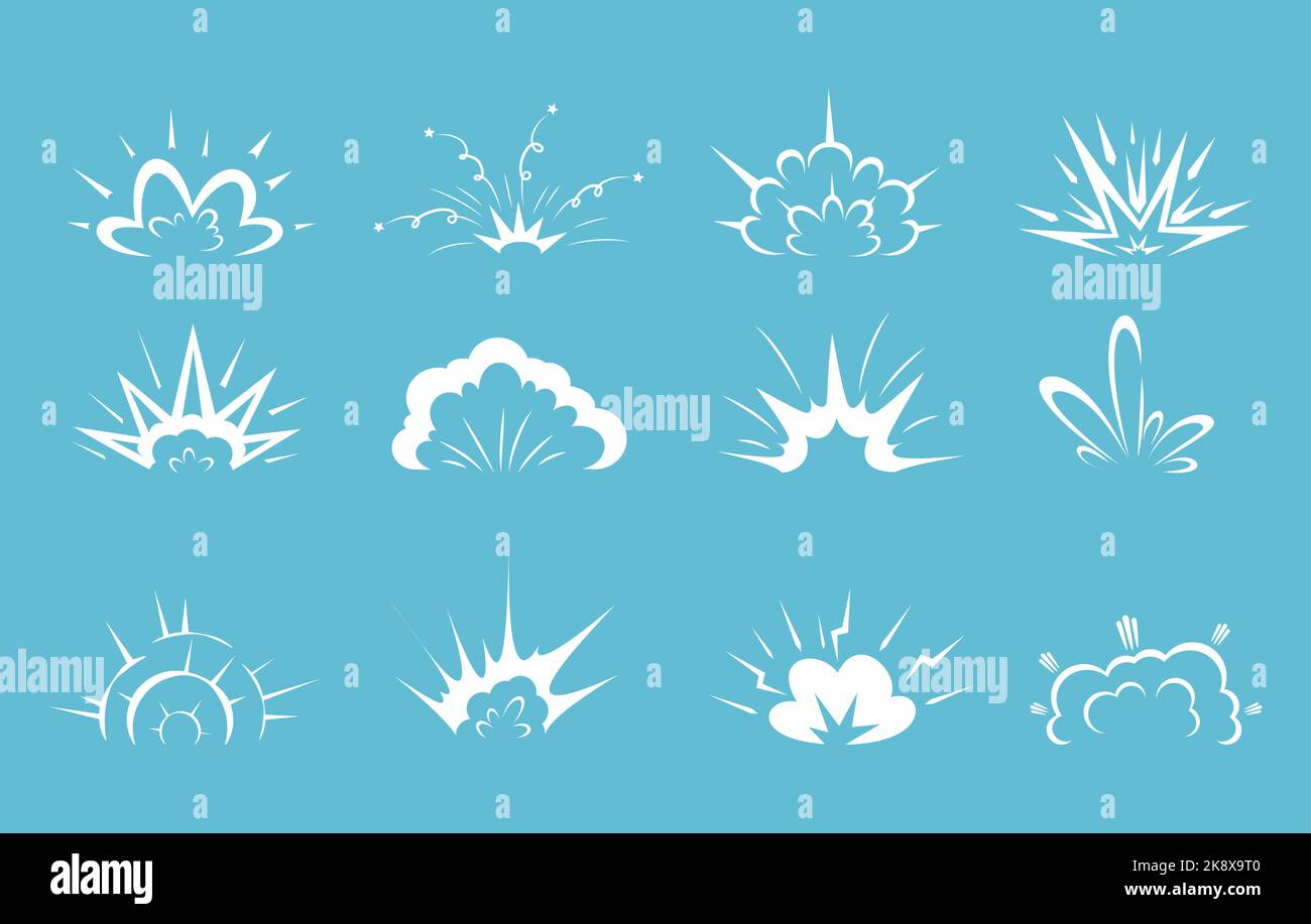 Cartoon bomb explosion, comic clouds and smoke with sparks. Vector comics book effects of bomb ...