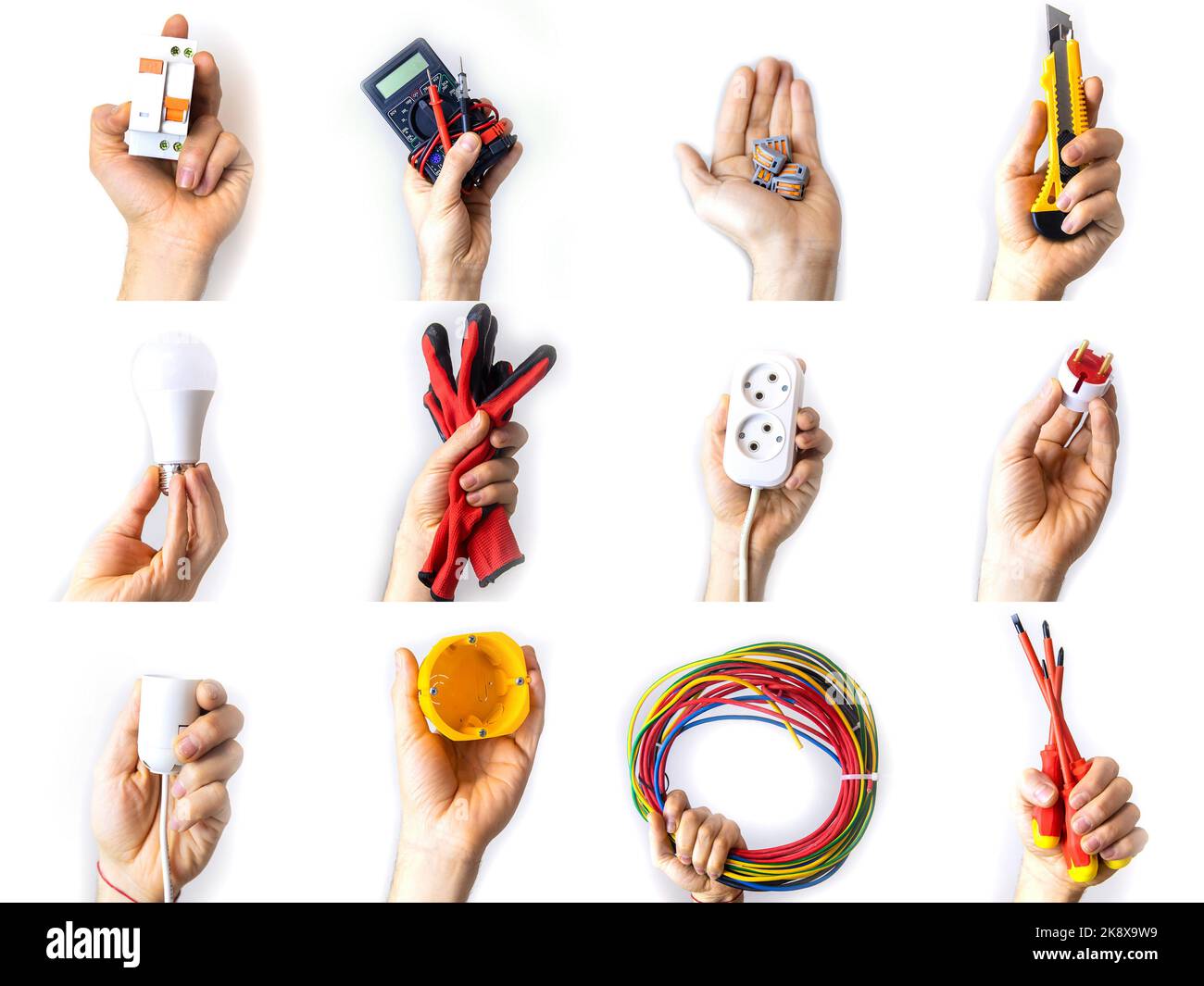 Tools for electricians in hand collage. Selective focus. People Stock ...